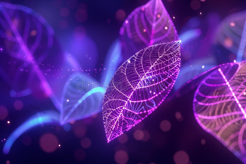Transparent Glowing Neon Leaves Against Dark Background with Bokeh ...