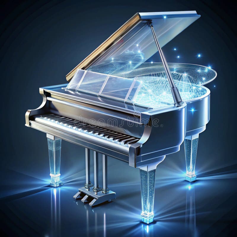 Transparent Glowing Piano with Floating Keys and Musical Notes Stock ...