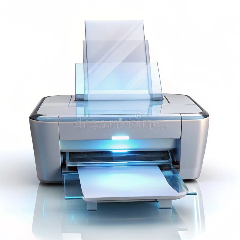 Transparent Glowing Printer with Floating Sheets of Paper Stock ...