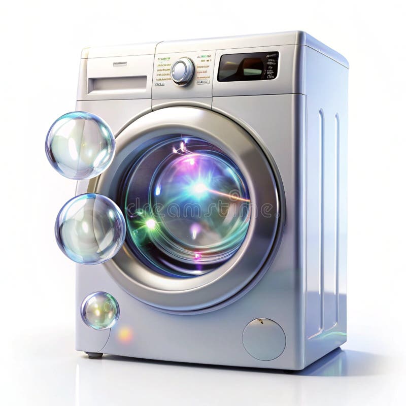 Transparent Glowing Washing Machine with Floating Soap Bubbles Stock ...