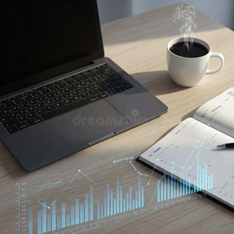 Transparent Graph Overlay on Desk Setup with Coffee and Notebook Stock ...