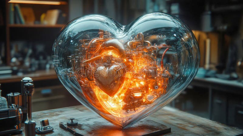 Transparent Heart-shaped Engine Glowing with Internal Lights, Sitting ...