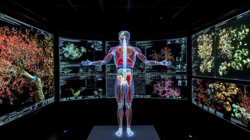 Transparent Human Anatomy Surrounded by Network Data Visualizations ...