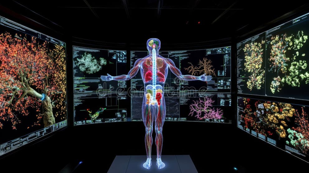 Transparent Human Anatomy Surrounded by Network Data Visualizations ...