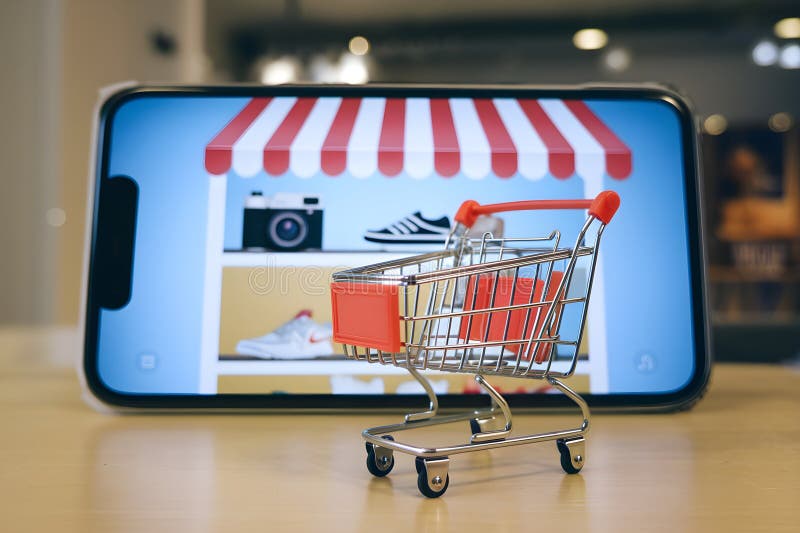 Shopping Cart with Smartphone Displaying Store Items, Hinting at ...