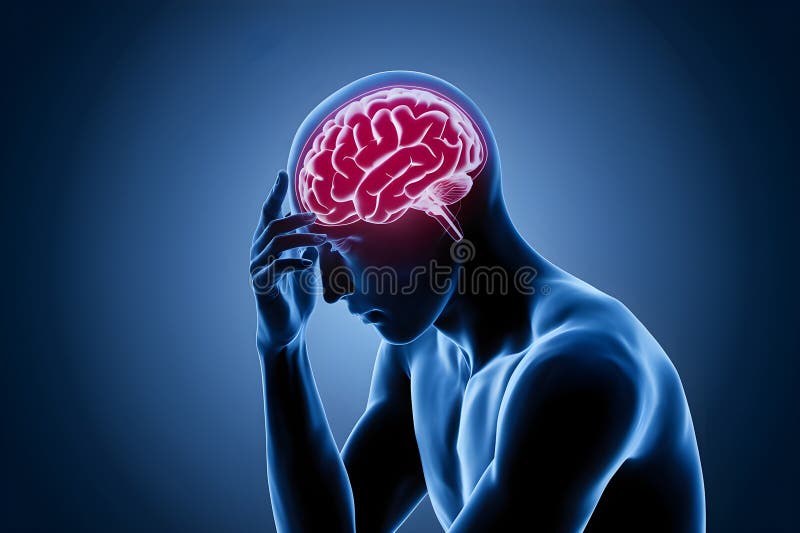 Transparent Human Figure with Highlighted Red Brain, Side Profile, Blue ...