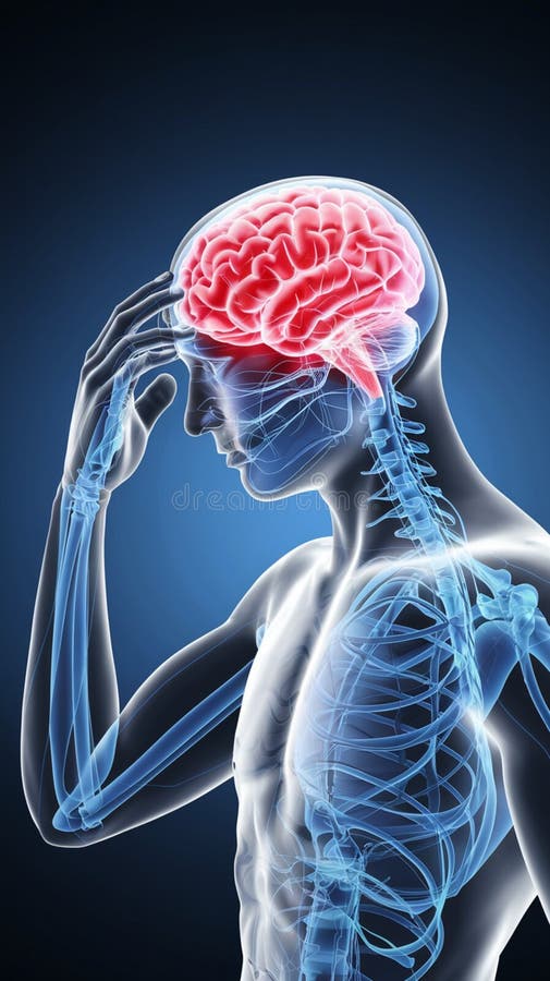 Transparent Human Figure with Highlighted Red Brain, Side Profile, Blue ...