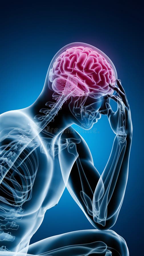 Transparent Human Figure with Highlighted Red Brain, Side Profile, Blue ...