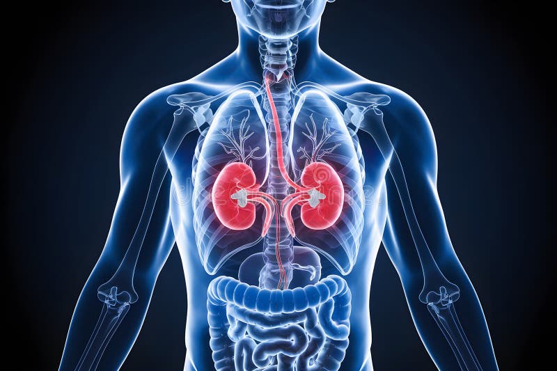 Transparent Human Figure with Urinary System Highlighted in Red, Dark ...