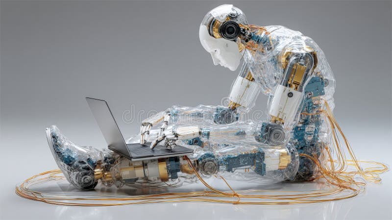A Transparent Humanoid Robot with Exposed Circuits Sits Cross-legged ...