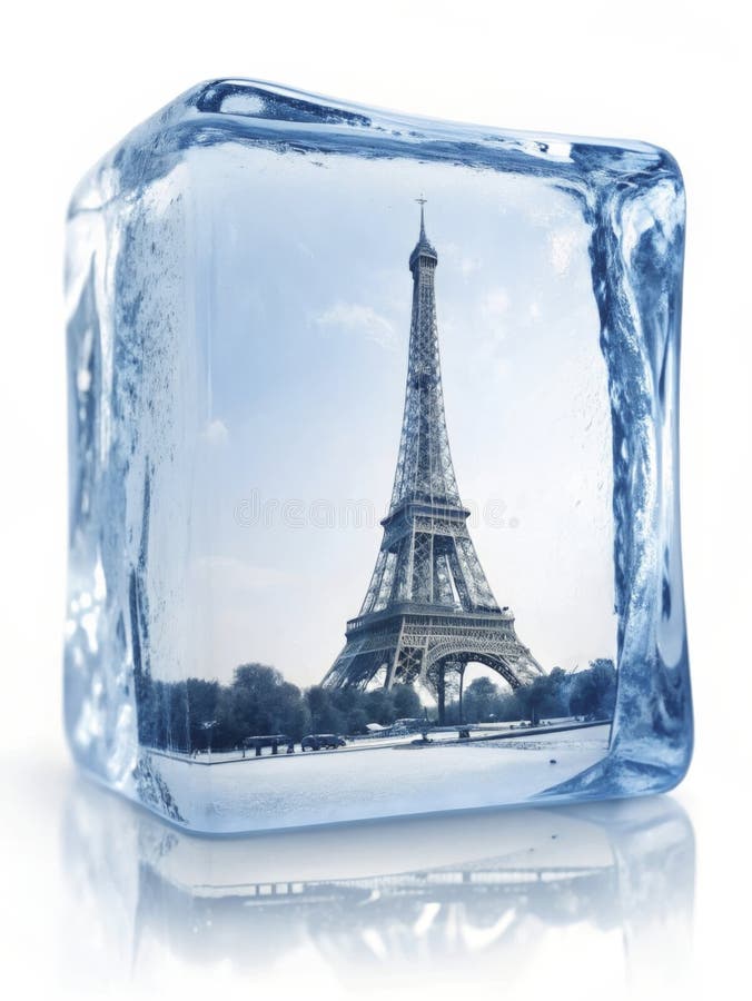 Eiffel Tower Frozen in Ice Cube Reflecting on White Background, Concept ...