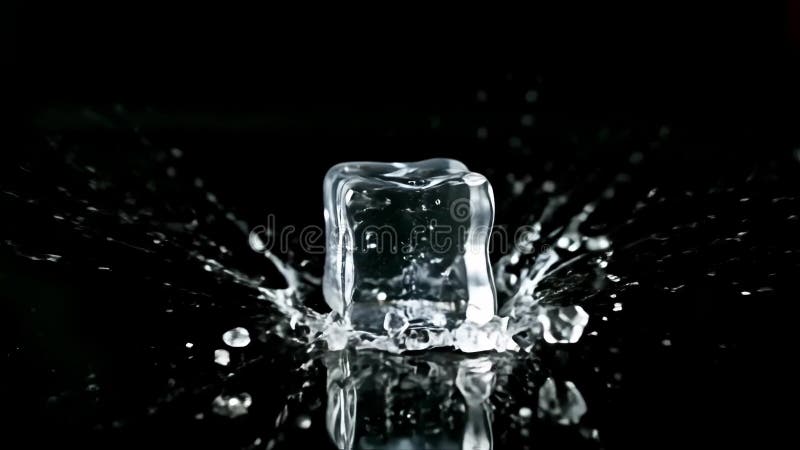 Transparent Ice Cube Falling and Breaking on a Dark Surface, with Water ...