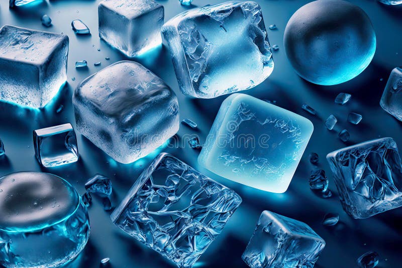 Transparent Ice Cubes of Different Sizes Lying in Heap on Wet Table ...