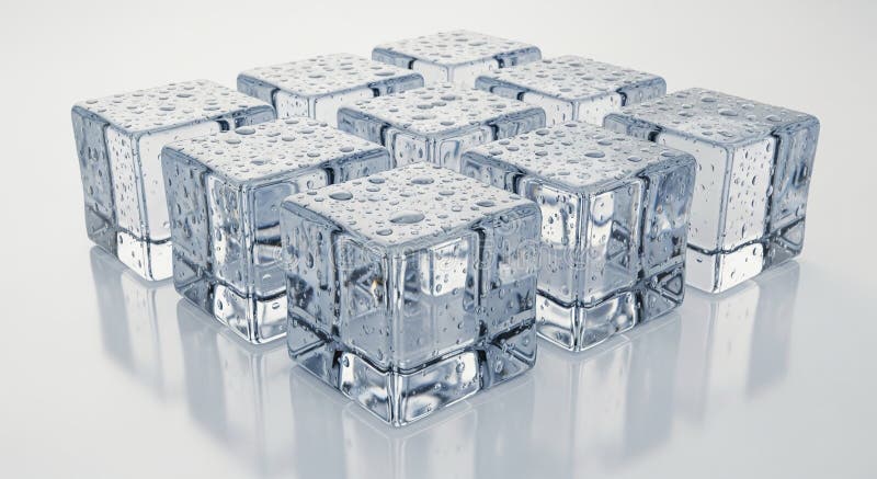 Transparent Ice Cubes with Water Droplets on Reflective Surface Stock ...