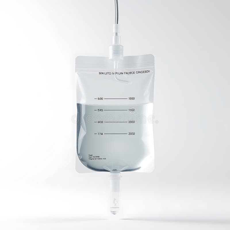 A Transparent IV Drip Bag Filled with Clear Liquid, Isolated on a White ...