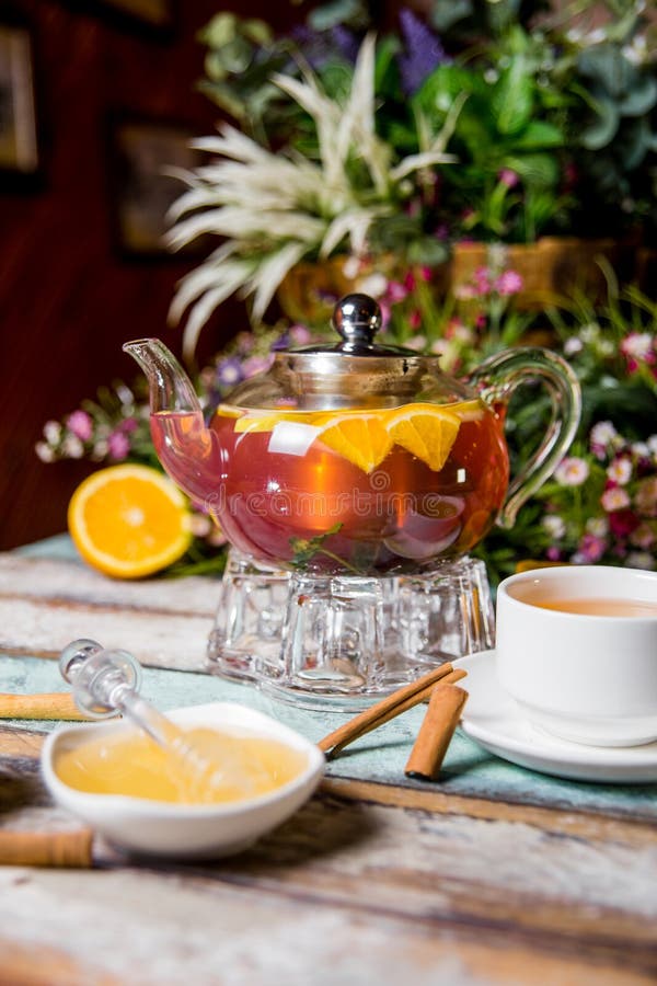 Transparent Kettle with Fruit Tea, Honey with Cinnamon. Stock Image ...