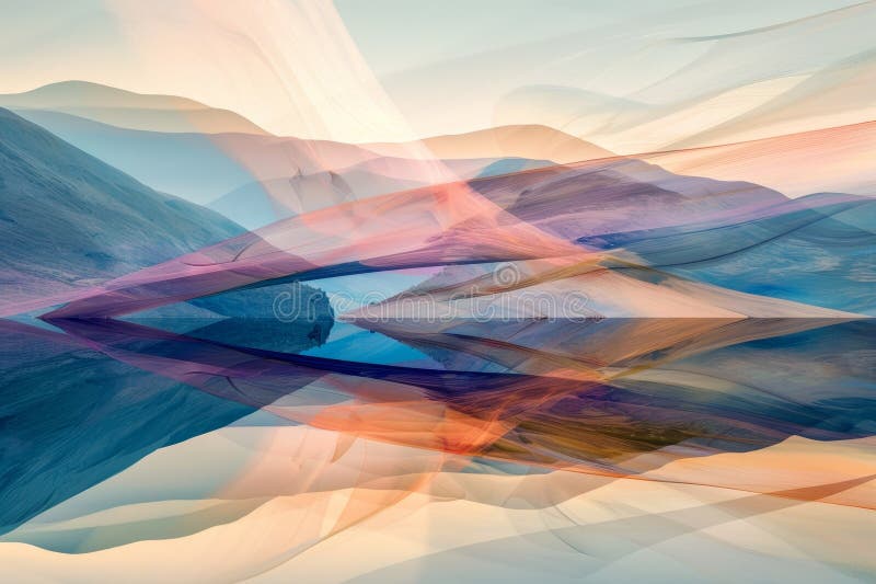 Transparent Layers Overlap, Depicting Mountains and Water in Abstract ...