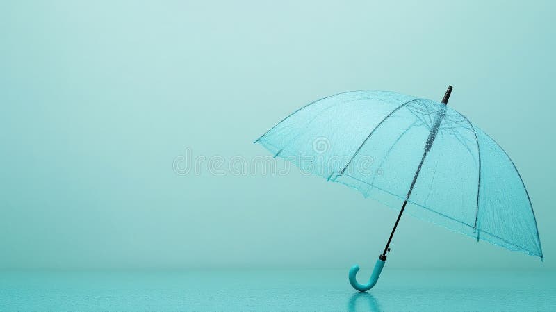 Transparent Light Blue Umbrella Standing on Reflective Surface with ...