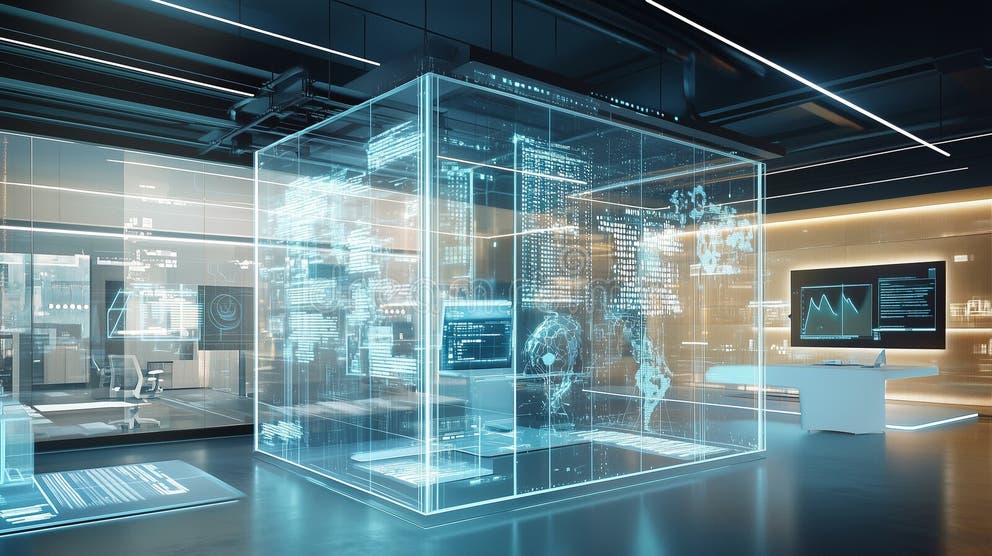 Transparent Office Space Showcasing Advanced AI-driven Technology and ...