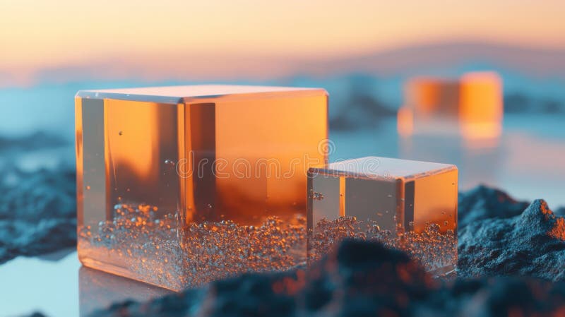 Transparent Orange Cubes on a Reflective Surface in a Surreal Outdoor ...