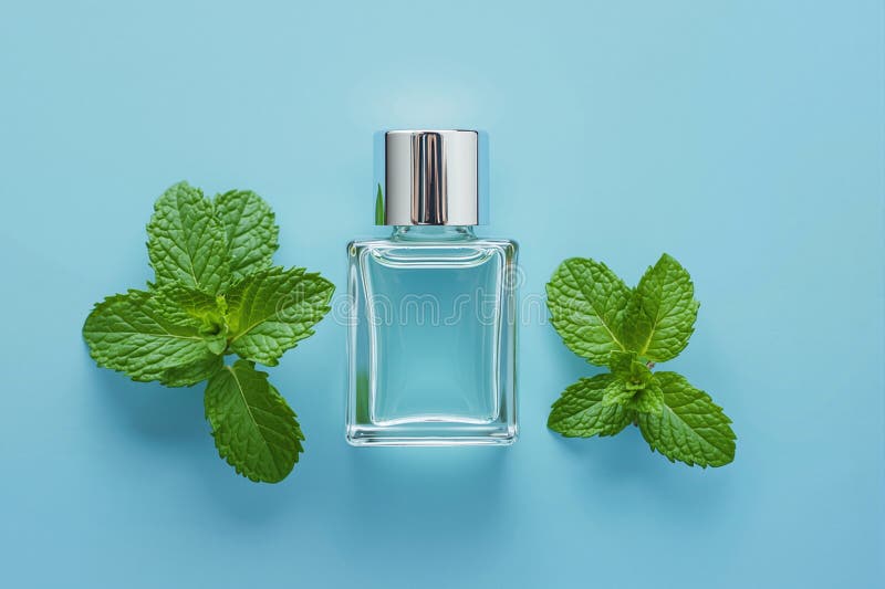 Transparent Perfume Bottle Lying on Light Blue Surface with Mint Leaves ...