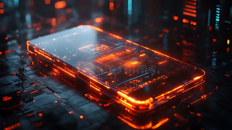 Transparent Phone, Glowing Circuits, Cityscape, Data Processing Stock ...