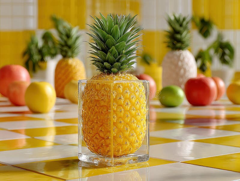 A Transparent Pineapple Cube in a Geometric Grid, Placed on a Checkered ...