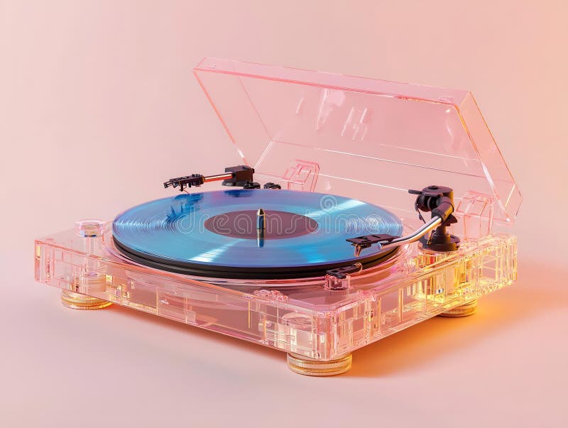 Transparent Pink Record Player with Blue Vinyl, Subtle Lighting, Clean ...