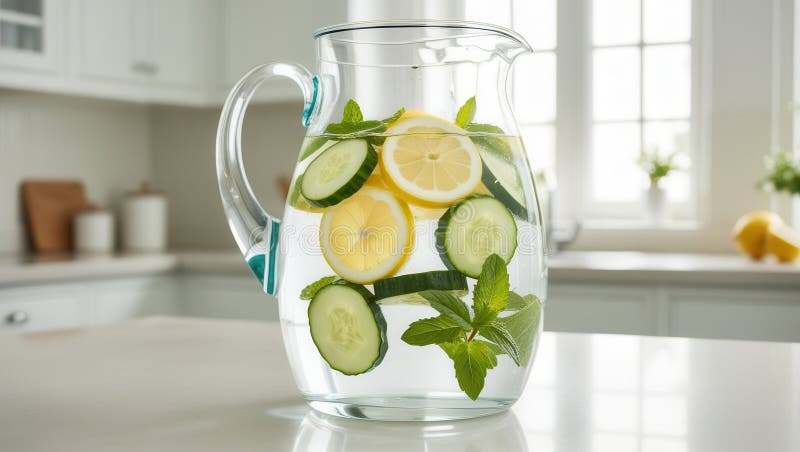 Transparent Pitcher of Water with Mint, Lemon, and Cucumber Stock ...