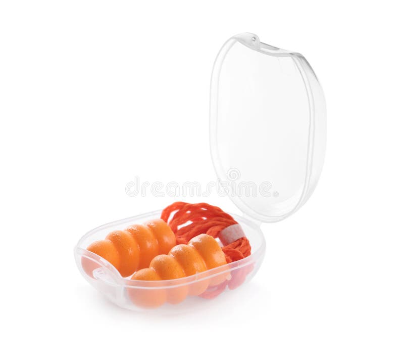 Transparent Plastic Case with Orange Ear Plugs Isolated on White Stock ...