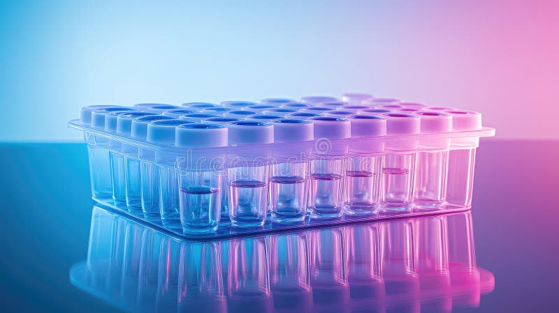 Transparent Plastic Container with Small Vials on Reflective Surface ...