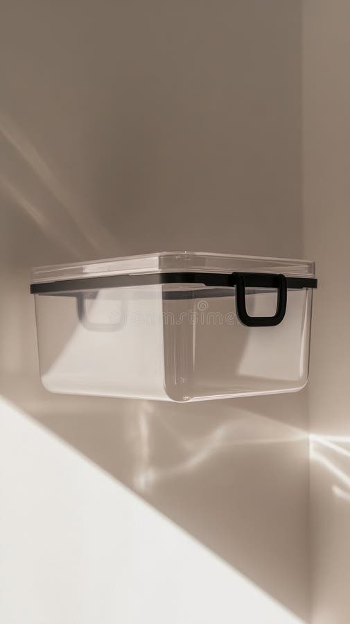 Transparent Plastic Storage Box with Black Handles on Sunlit Surface ...
