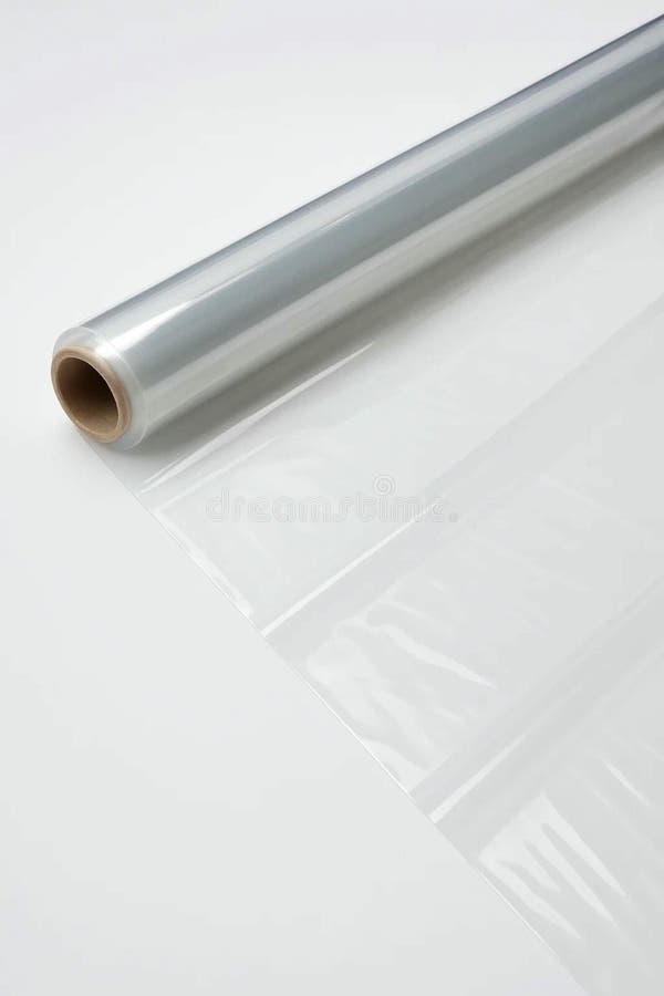 Transparent Plastic Wrap Roll on White Surface, Diagonal Composition ...