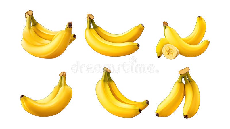 Various Arrangements of Yellow Bananas on White Background Stock ...