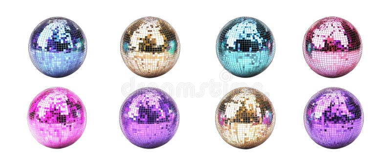 Eight Disco Balls in Various Colors on White Background Stock ...