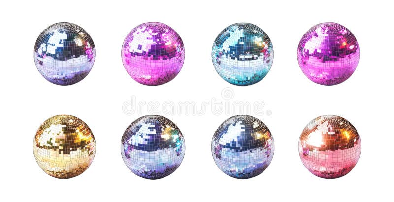 Eight Colorful Disco Balls Arranged on White Background Stock ...