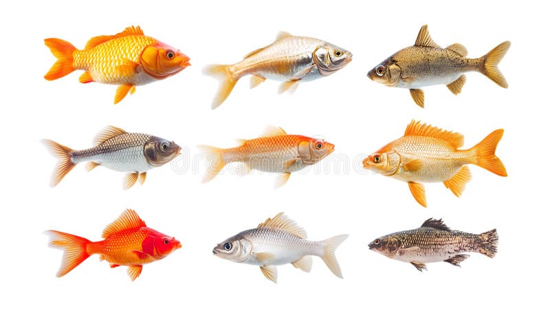 Assorted Goldfish and Fish Types Arranged on a White Background Stock ...