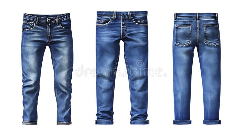 Three Views of Blue Denim Jeans on a White Studio Background Stock ...