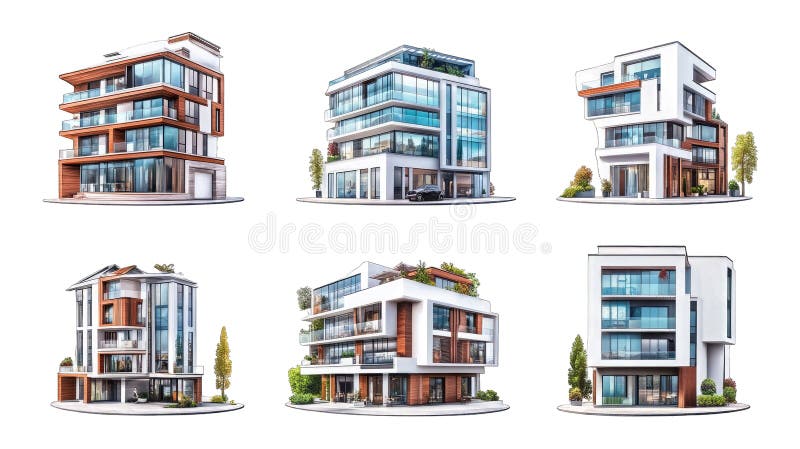 Six Modern Apartment Buildings on a White Background Stock Illustration ...