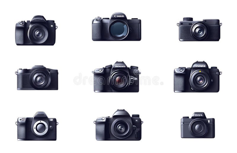 A Grid of Nine Black Cameras on a White Background Studio Shot Stock ...