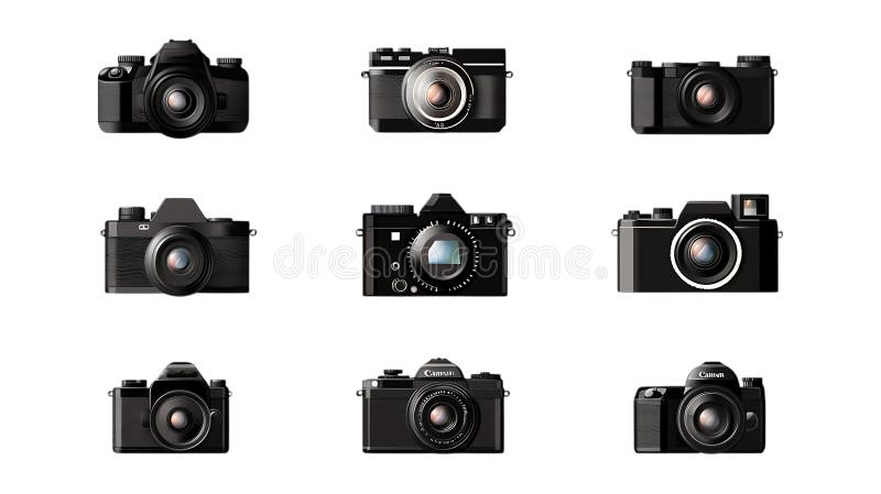 A Collection of Nine Black Cameras on a Plain White Background Stock ...
