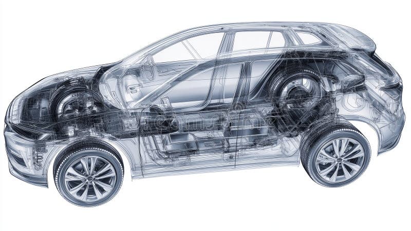 Transparent X-ray Car Outline with Visible Engine and Chassis System ...