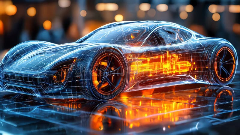 Transparent X-ray View of an Electric Car with Glowing Internal Systems ...