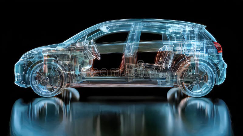 Transparent X-ray View of an Electric Car with Glowing Internal Systems ...