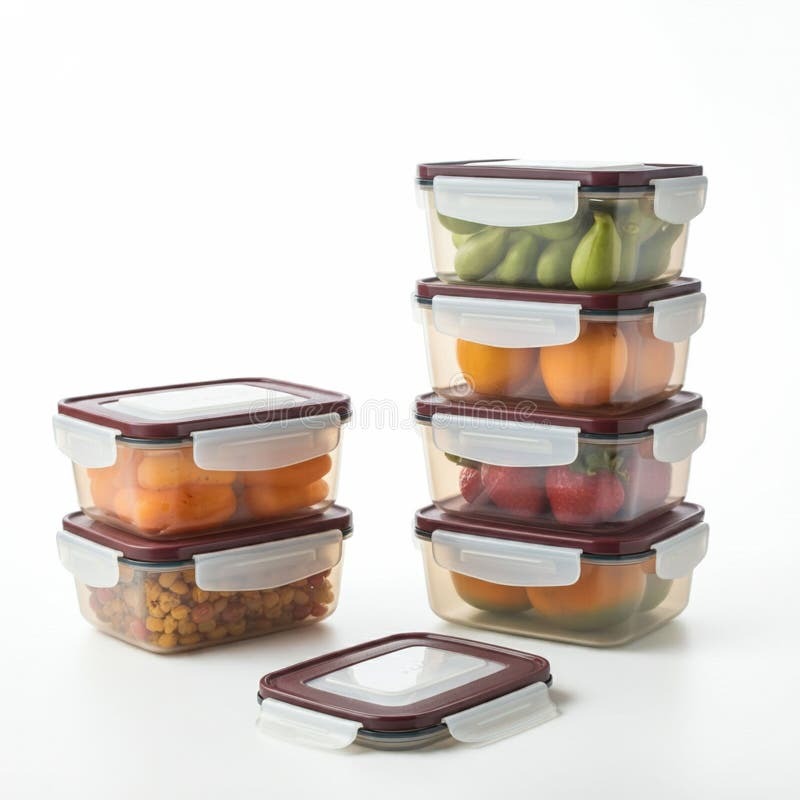 Transparent Rectangular Food Containers with Burgundy Lids and White ...