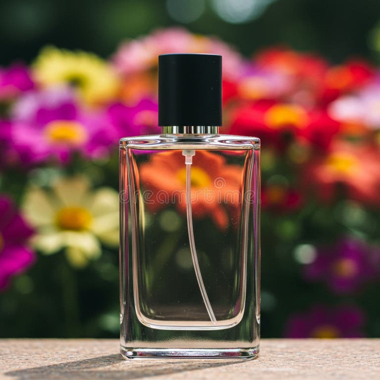 A Transparent Rectangular Perfume Bottle with a Black Cap is Centered ...