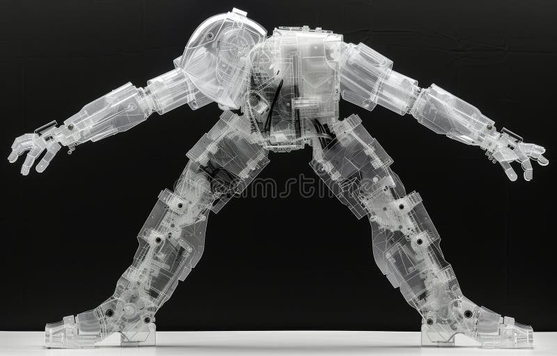 Transparent Robotic Figure in Dynamic Pose Against Black Background ...