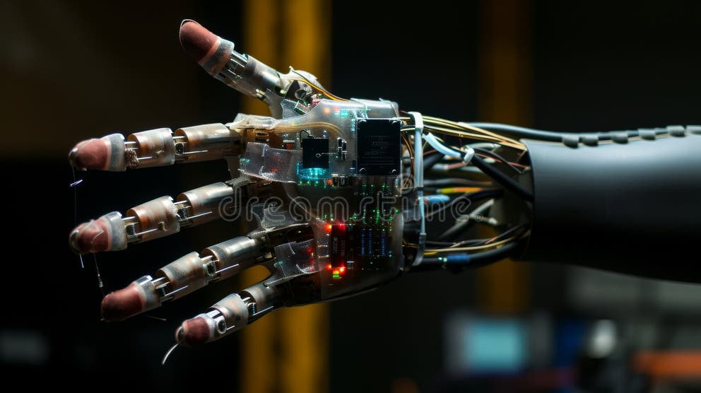 Transparent Robotic Hand with Glowing Circuits in a Lab Stock Image ...