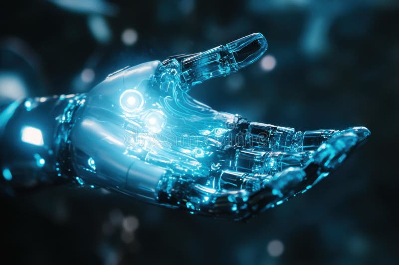 Transparent Robotic Hand Reaching Out in a Futuristic Setting with ...