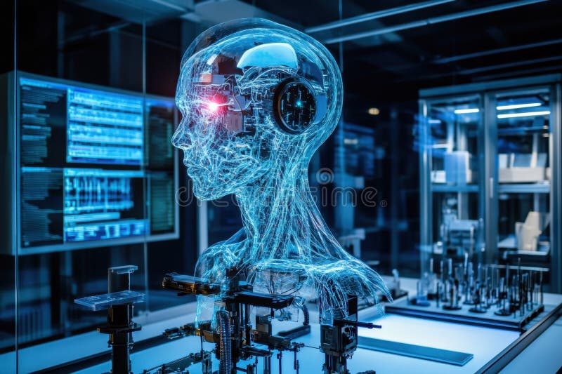 Futuristic Robot Head with Glowing Elements and Data Displays in a Tech ...